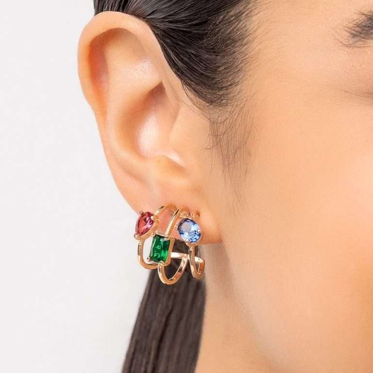 Argollas Aros Triple Cristales Colores Oro 18k | Kalila Nicholas